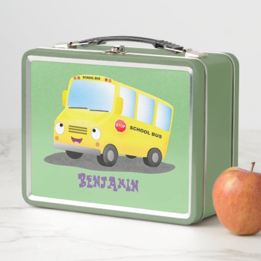Cute happy yellow school bus cartoon metal lunch box | Zazzle