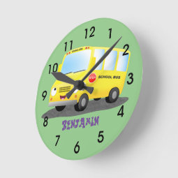 Cute happy yellow school bus cartoon round clock | Zazzle