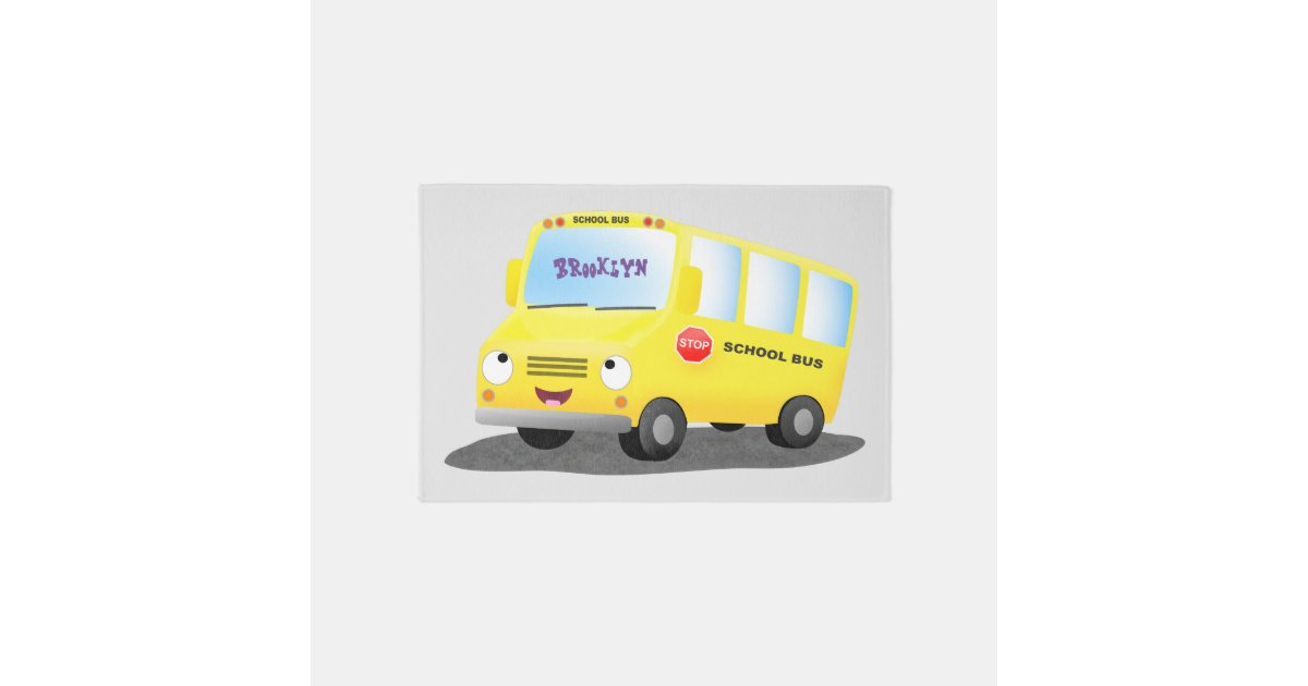 Cute happy yellow school bus cartoon rug | Zazzle