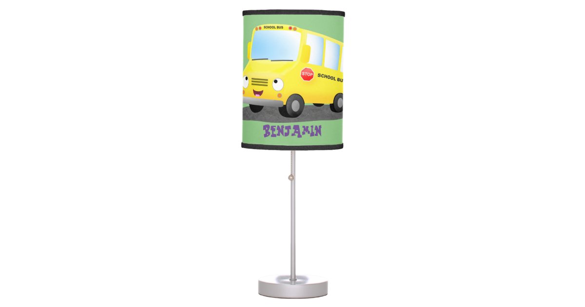 Cute happy yellow school bus cartoon table lamp | Zazzle