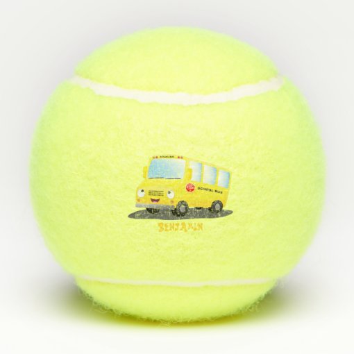 Cute happy yellow school bus cartoon tennis balls | Zazzle