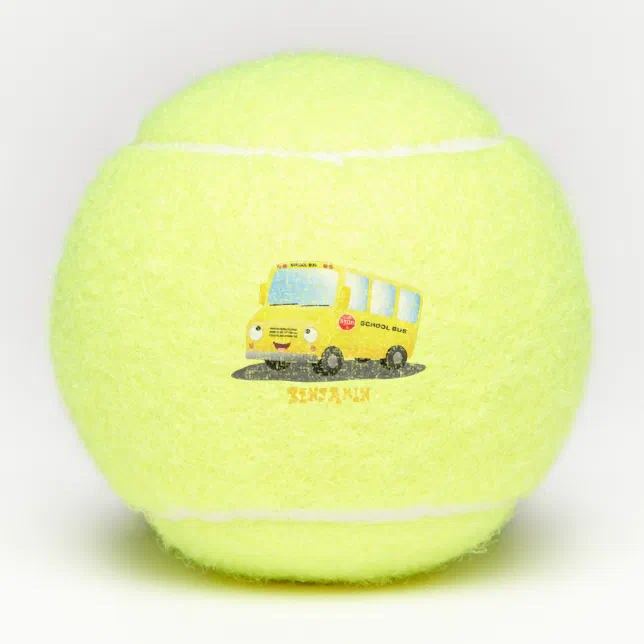 Cute happy yellow school bus cartoon tennis balls | Zazzle
