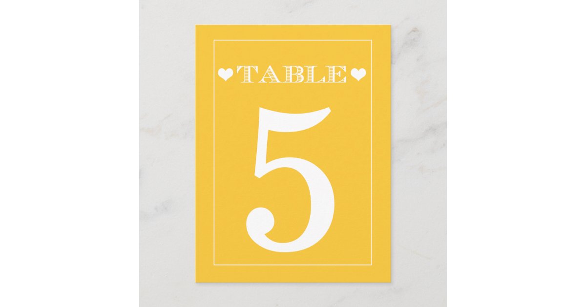 Cute Heart Yellow Wedding Table Number Cards | Zazzle