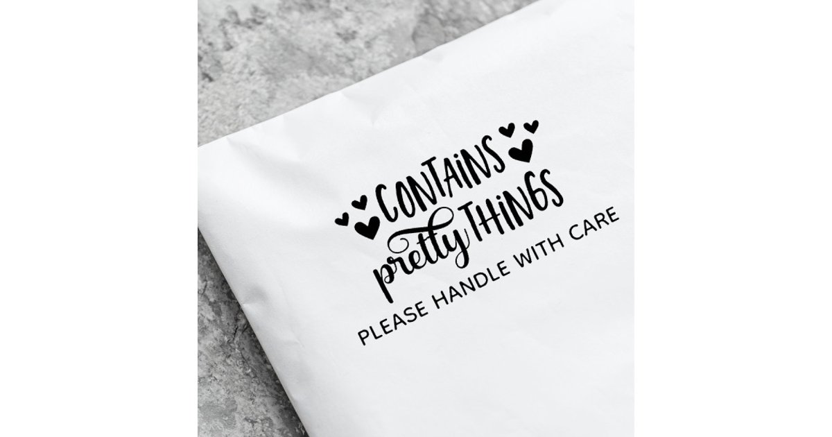 Cute Hearts Contains Pretty Things Fragile Rubber Stamp | Zazzle