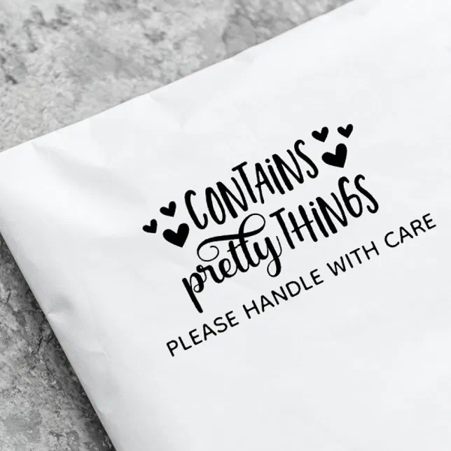 Cute Hearts Contains Pretty Things Fragile Rubber Stamp | Zazzle