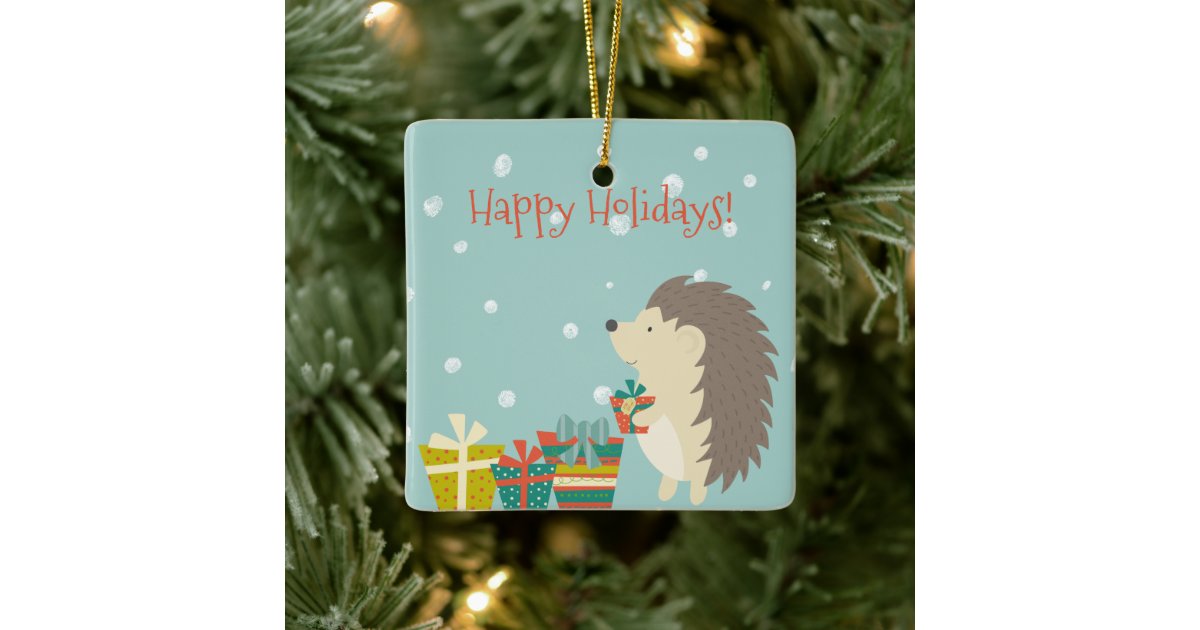 Cute Hedgehog with Presents | Christmas Ceramic Ornament | Zazzle