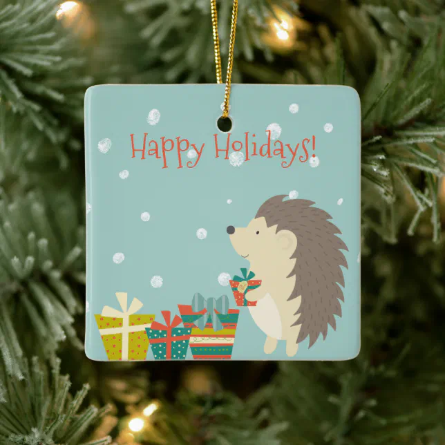 Cute Hedgehog with Presents | Christmas Ceramic Ornament | Zazzle