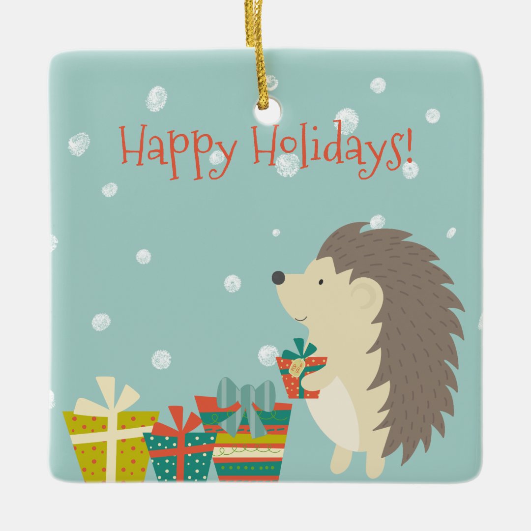 Cute Hedgehog with Presents | Christmas Ceramic Ornament | Zazzle
