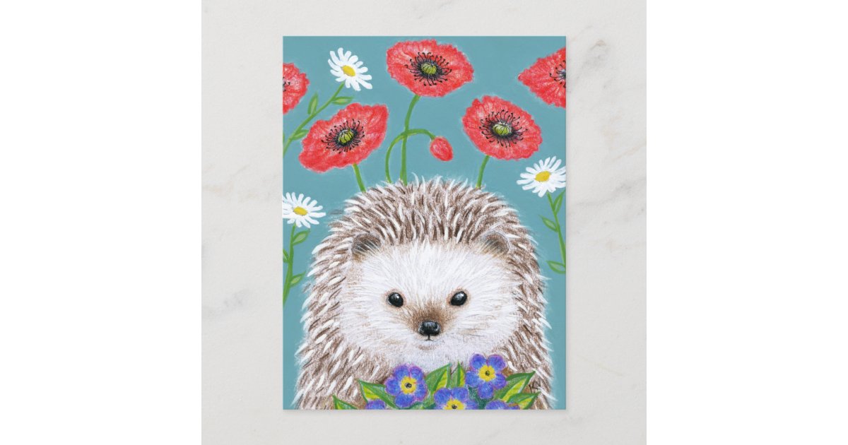 Cute Hedgehog with Spring Flowers postcard | Zazzle