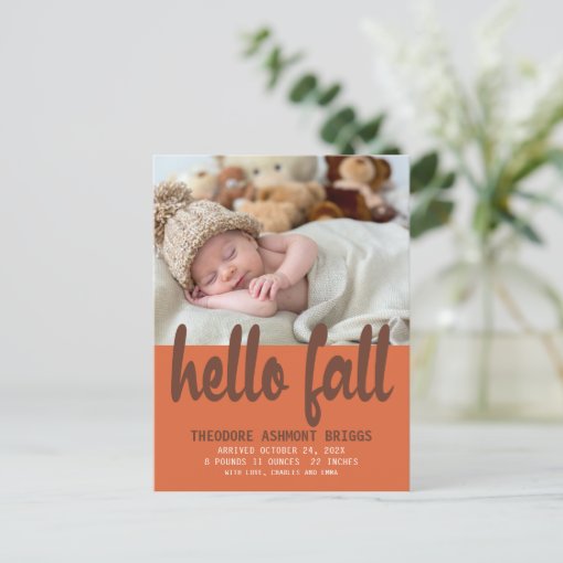 Cute Hello Fall Autumn Baby Birth Photo Announcement Postcard | Zazzle