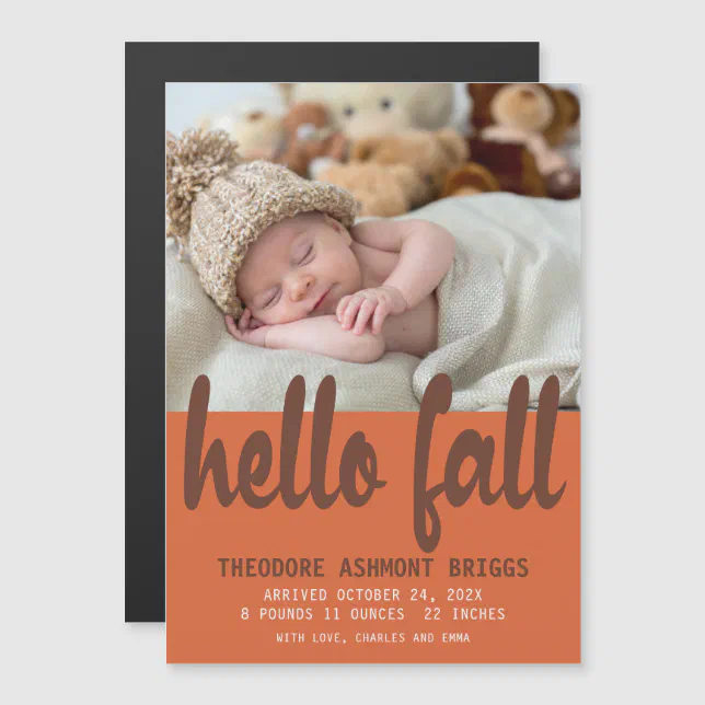 Cute Hello Fall Autumn Baby Birth Photo Magnetic Invitation | Zazzle