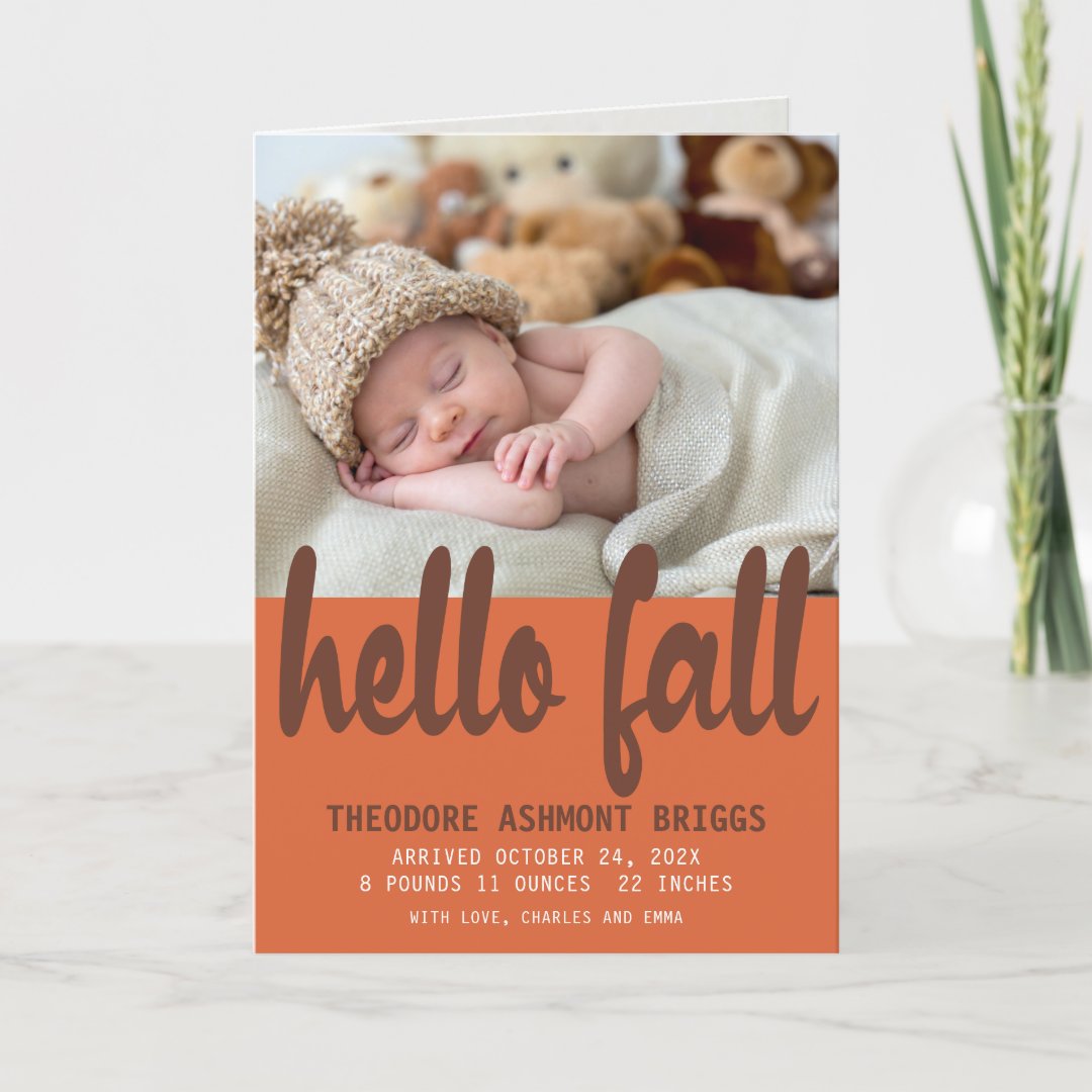 Cute Hello Fall Autumn Baby Two Photo Birth Announcement | Zazzle