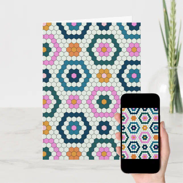 Cute Hexagon Shapes Tile Pattern Retro Teal Blank Card | Zazzle