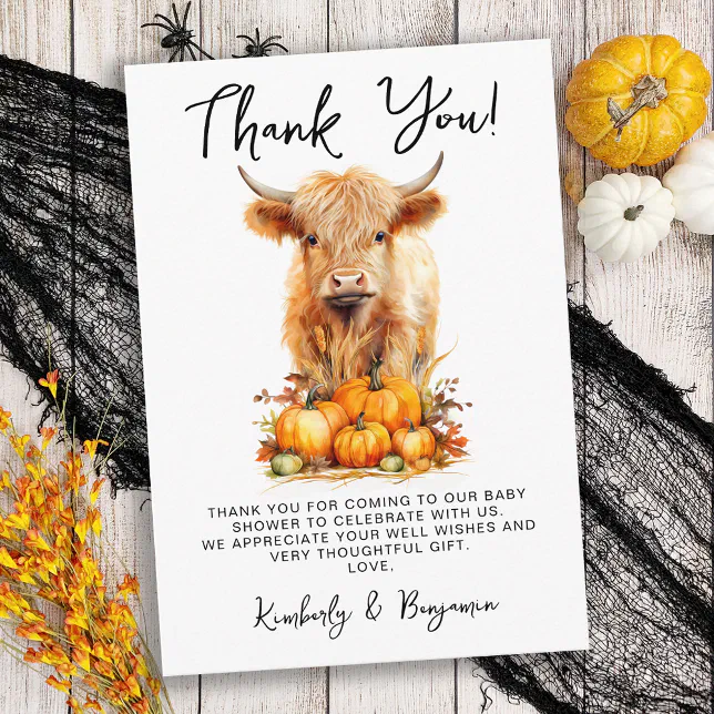 Cute Highland Cow Autumn Pumpkins Baby Shower Thank You Card | Zazzle