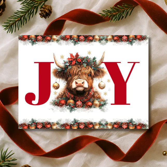 Cute Highland Cow Joy Christmas Holiday Card | Zazzle
