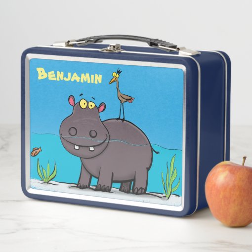 Cute hippo and bird in river cartoon illustration metal lunch box | Zazzle