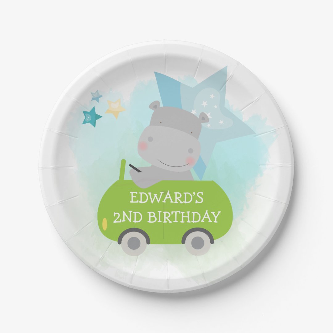 Cute Hippo Green Car Name Boy Birthday White Paper Plates | Zazzle