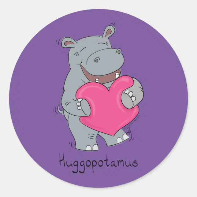 Cute Hippo Hugs Cute Animal Cartoon Classic Round Sticker | Zazzle