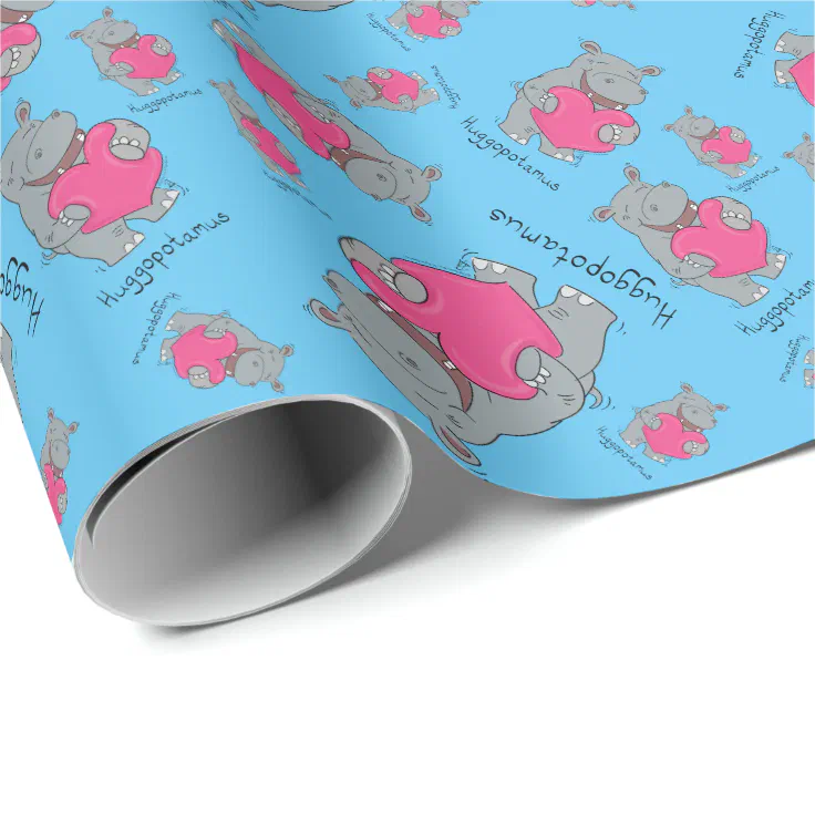 Cute Hippo Hugs Cute Animal Cartoon Wrapping Paper | Zazzle