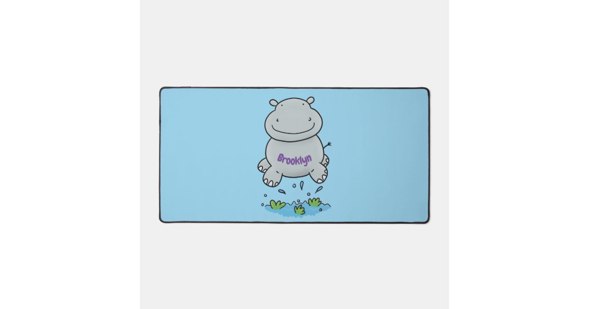 Cute hippo jumping cartoon illustration desk mat | Zazzle