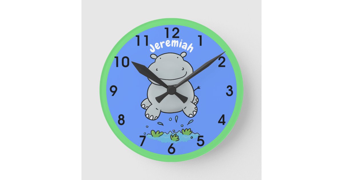 Cute hippo jumping cartoon illustration round clock | Zazzle