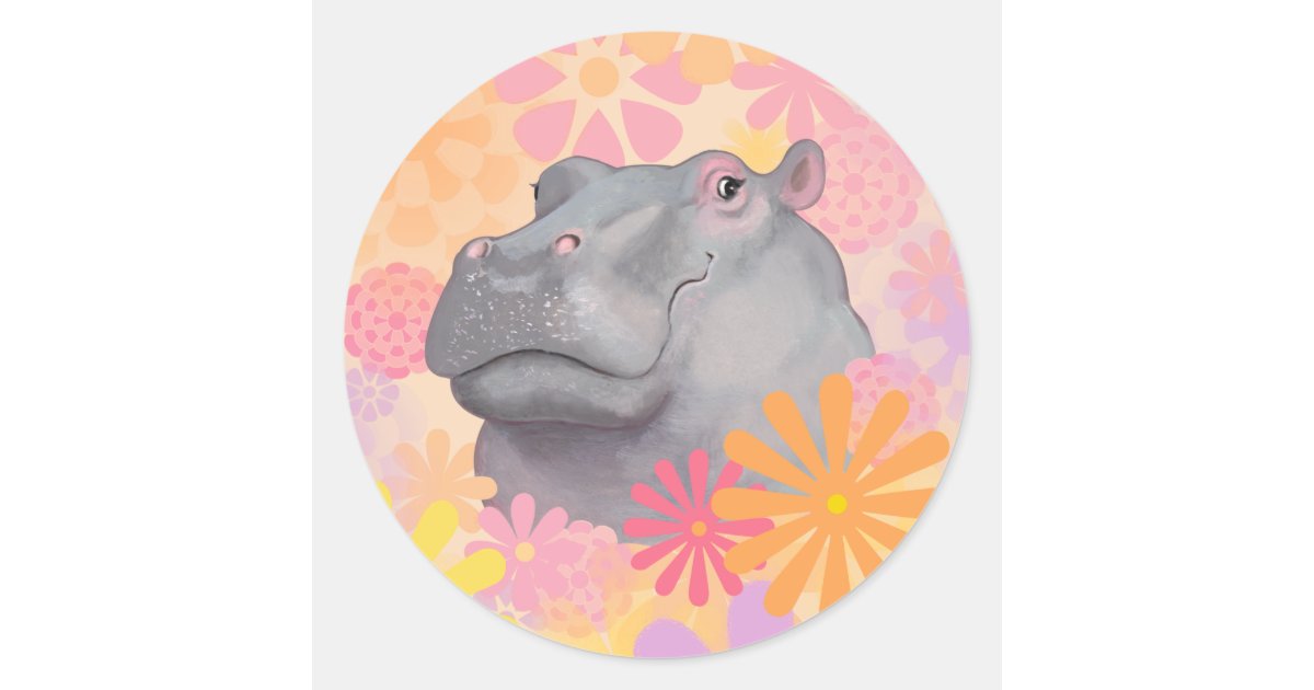Cute Hippo With Flowers Classic Round Sticker | Zazzle