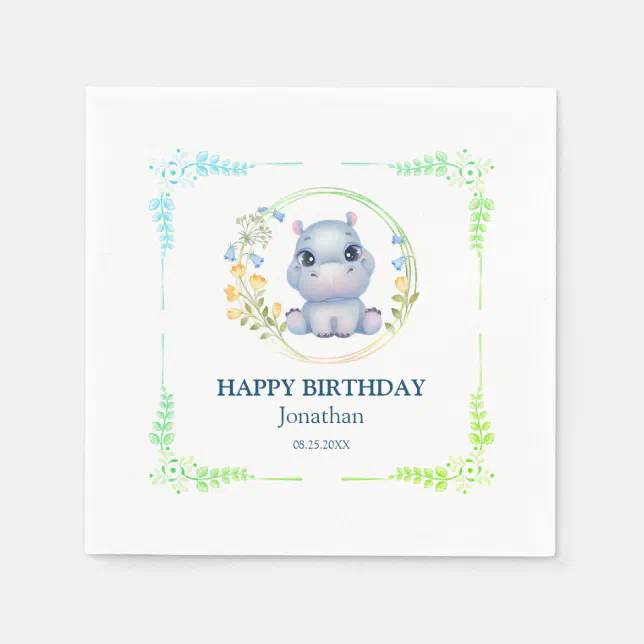 Cute Hippopotamus Flower Wreath Happy Birthday Napkins | Zazzle