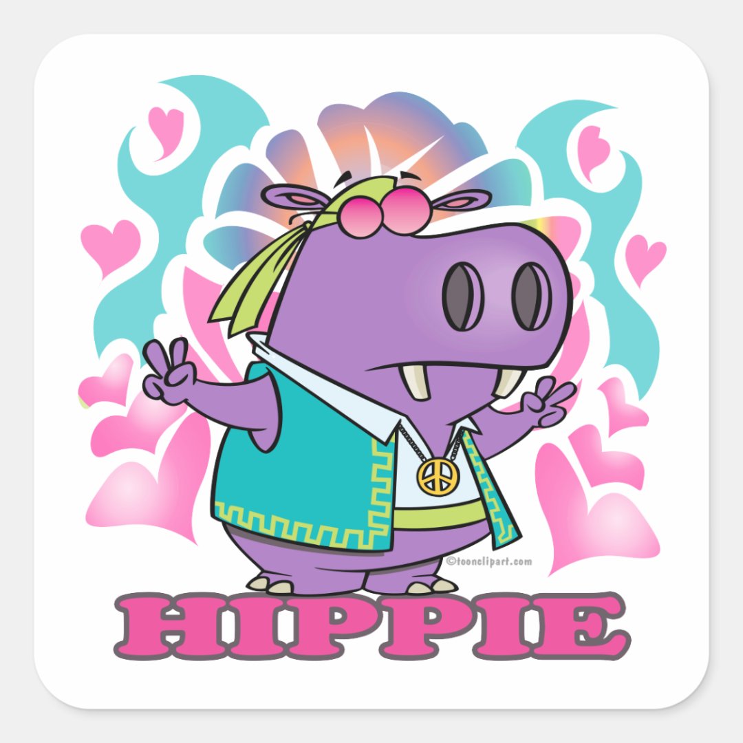 cute hippy hippie hippo cartoon with text square sticker | Zazzle