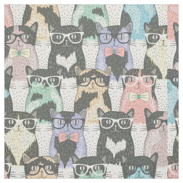 Hipster Cute Cats Pattern Fabric | Zazzle
