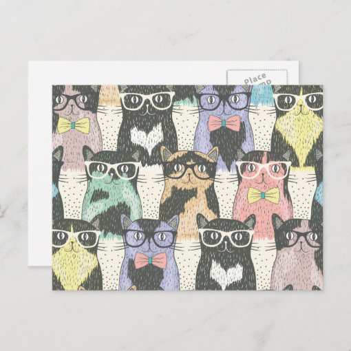 Cute Hipster Cats Pattern Postcard | Zazzle