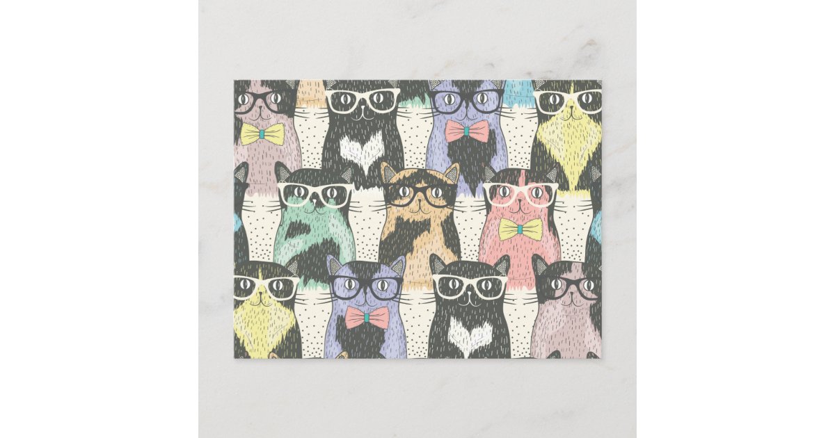 Cute Hipster Cats Pattern Postcard | Zazzle