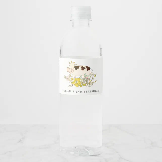 Cute Holy Cow Farm Floral Kids Any Age Birthday Water Bottle Label | Zazzle
