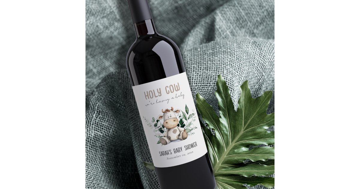 Cute Holy Cow Foliage Pastel Neutral Baby Shower Wine Label | Zazzle
