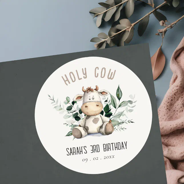 Cute Holy Cow Foliage Pastel Neutral Kids Birthday Classic Round ...