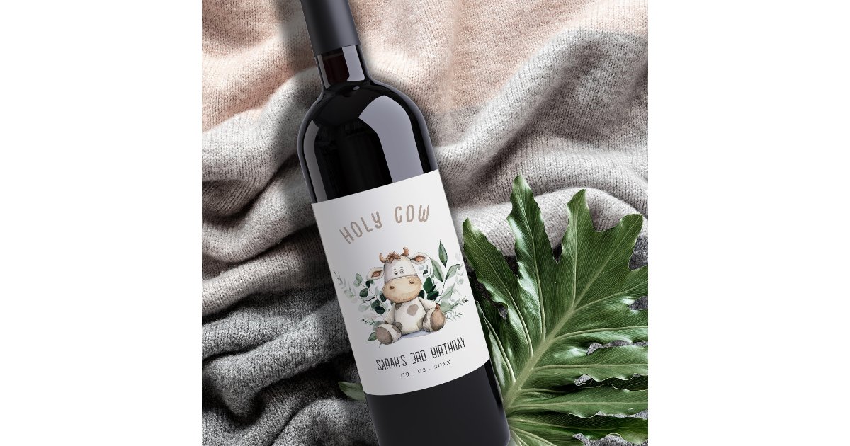 Cute Holy Cow Foliage Pastel Neutral Kids Birthday Wine Label | Zazzle