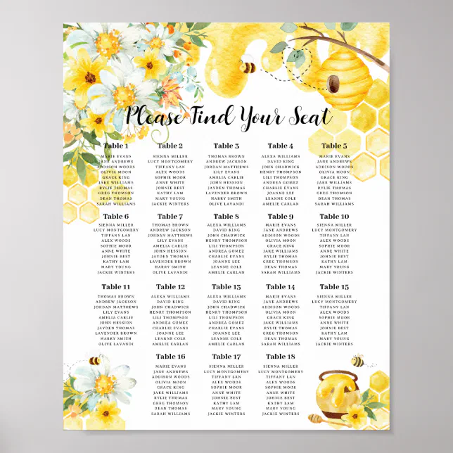 Cute Honey Bees Baby Bridal Shower Wedding Seating Poster | Zazzle