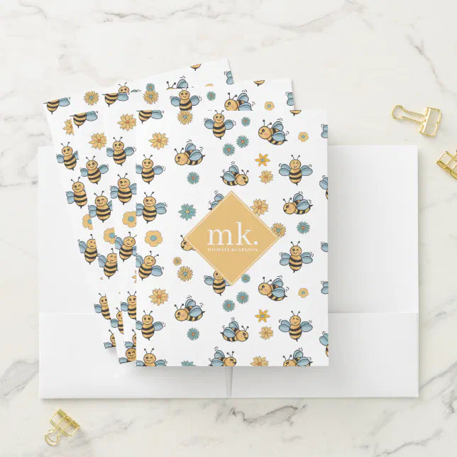 Cute Honey Bees & Floral Wildflowers Monogram Pocket Folder | Zazzle