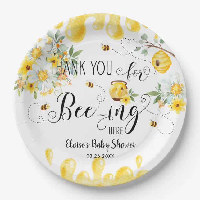 Cute Honey Bees Yellow Floral Birthday Baby Shower Paper Plates | Zazzle