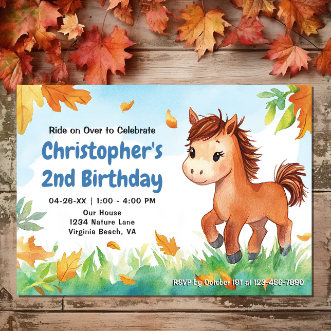 Cute Horse and Fall Leaves | Pony Autumn Birthday Invitation | Zazzle