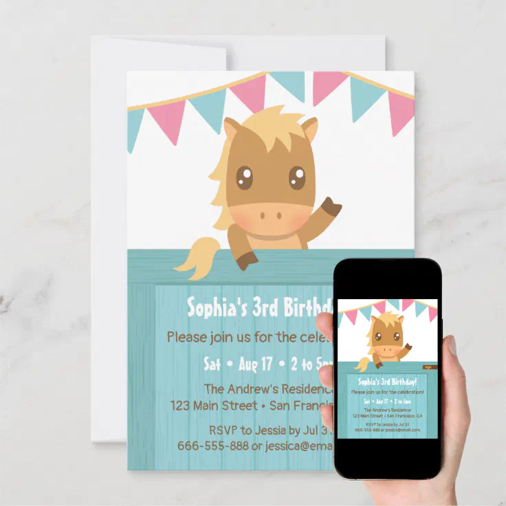 Cute Horse Blue Stable Girls Birthday Party Invitation | Zazzle