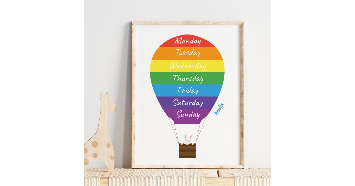 Cute Hot Air Ballon Days of the Week Rainbow Poster | Zazzle