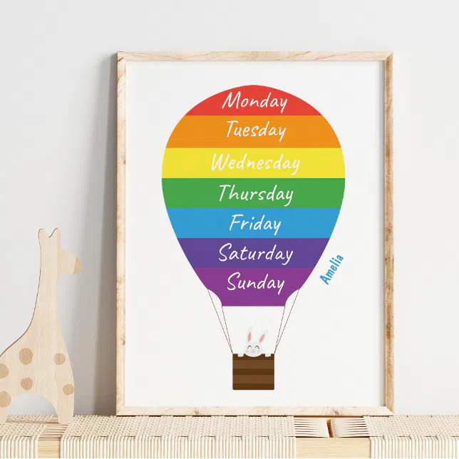 Cute Hot Air Ballon Days of the Week Rainbow Poster | Zazzle