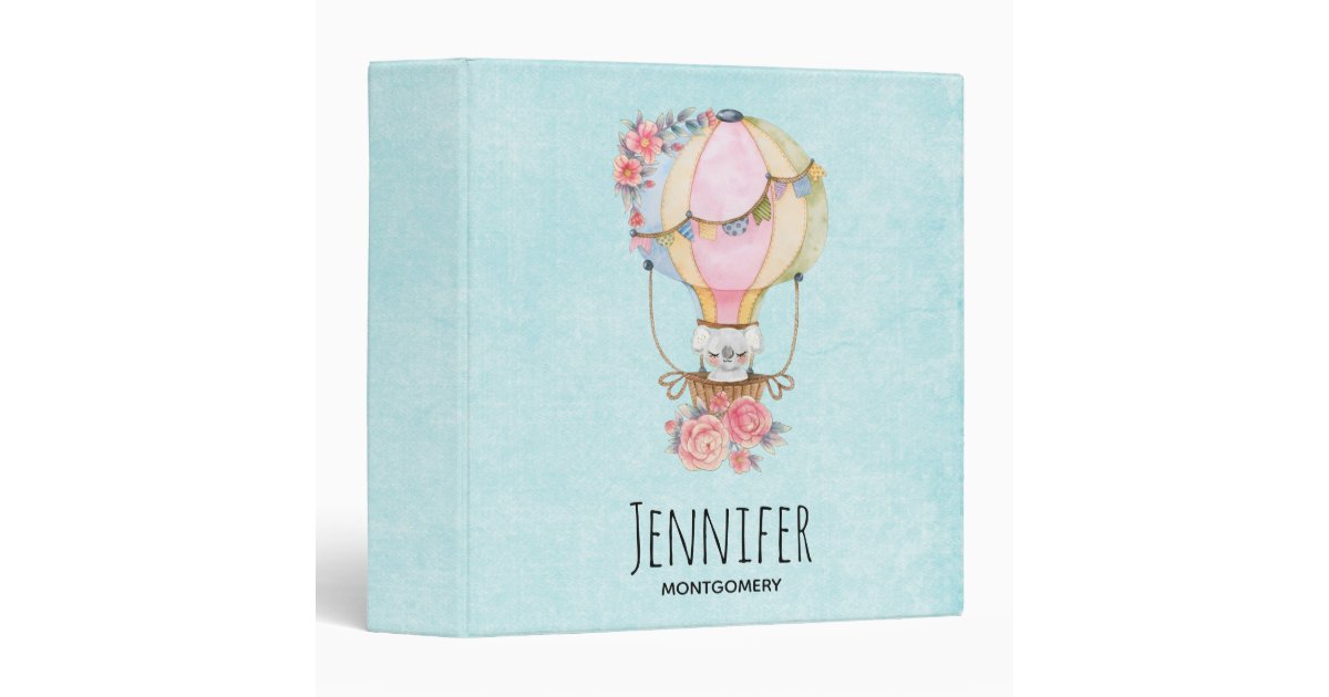 Cute Hot Air Balloon with Bear Watercolor 3 Ring Binder | Zazzle
