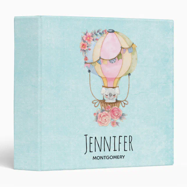 Cute Hot Air Balloon with Bear Watercolor 3 Ring Binder | Zazzle