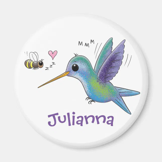 Cute hummingbird and bee cartoon illustration magnet | Zazzle