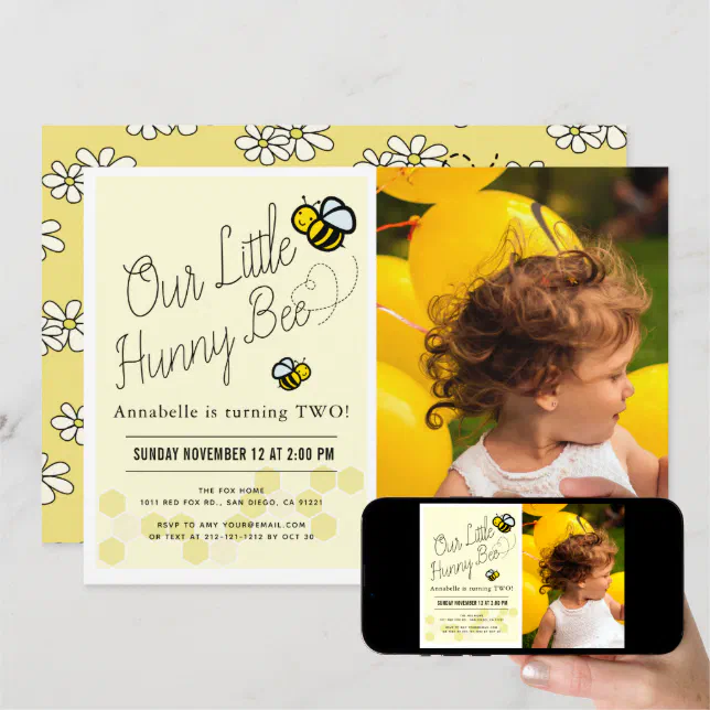 Cute Hunny Bee Yellow Kids Photo Birthday Party Invitation | Zazzle