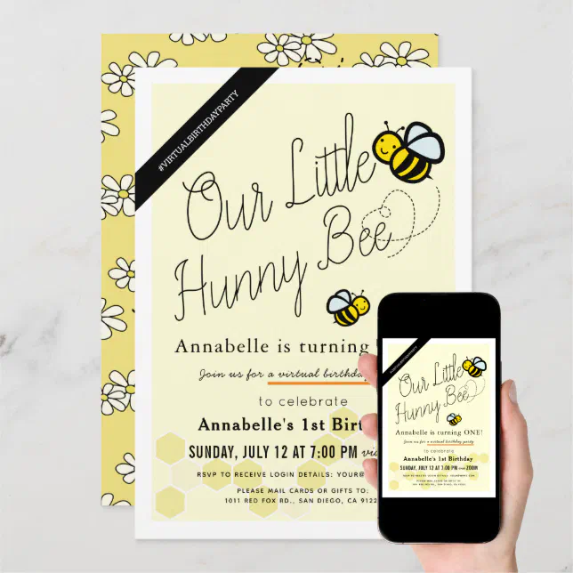 Cute Hunny Bee Yellow Virtual 1st Birthday Party Invitation | Zazzle