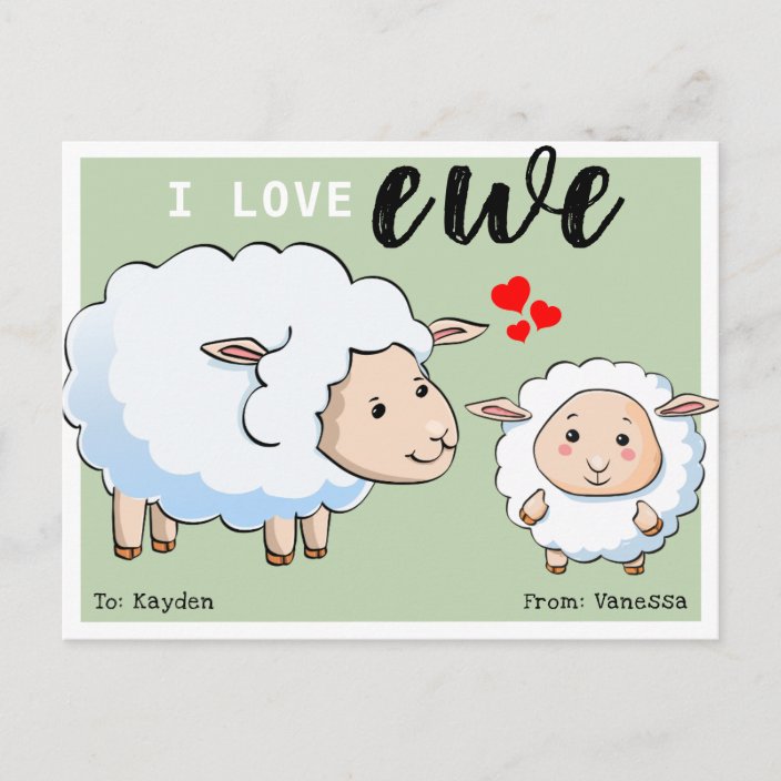 Cute 'I Love Ewe' Kids Classroom Valentine Holiday Postcard | Zazzle.com