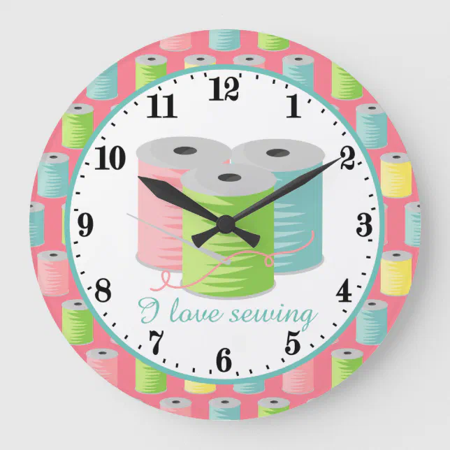 cute I love sewing room decor Large Clock | Zazzle