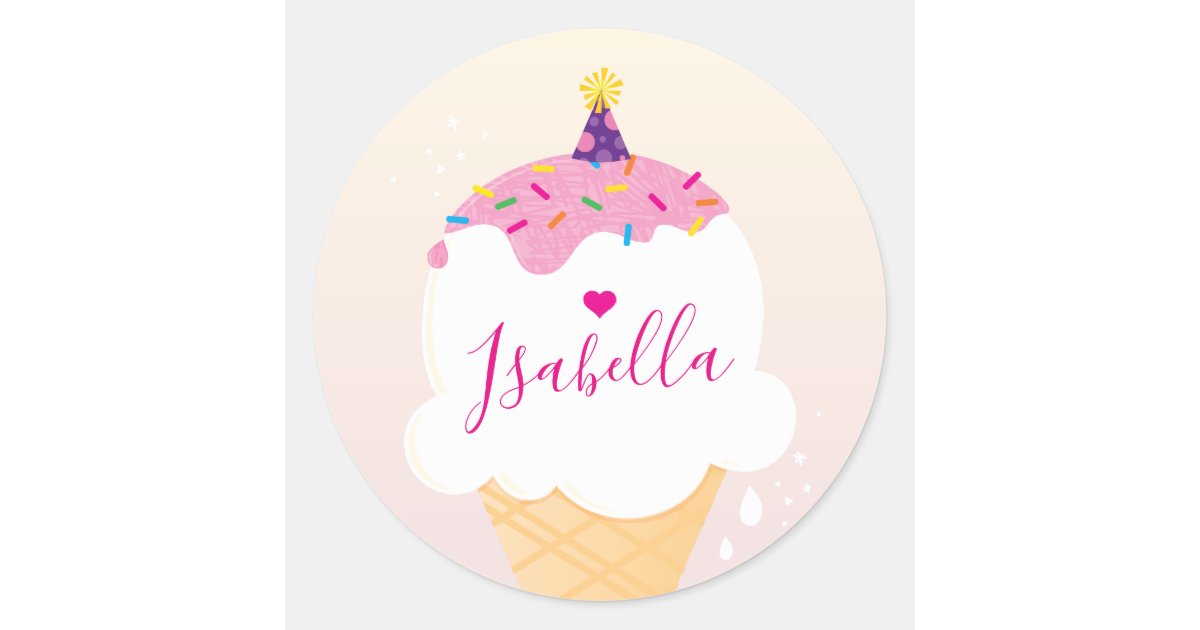 CUTE ICE CREAM CONE sprinkles retro party pink Classic Round Sticker ...